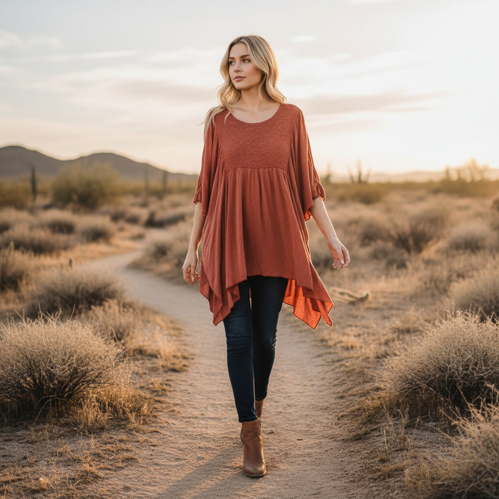 Rust Smocked Bodice Draped Oversized Tunic Top – Madame Peacock's